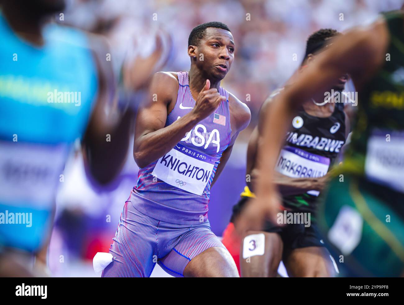 Erriyon Knighton participating in the 200 meters at the Paris 2024 ...