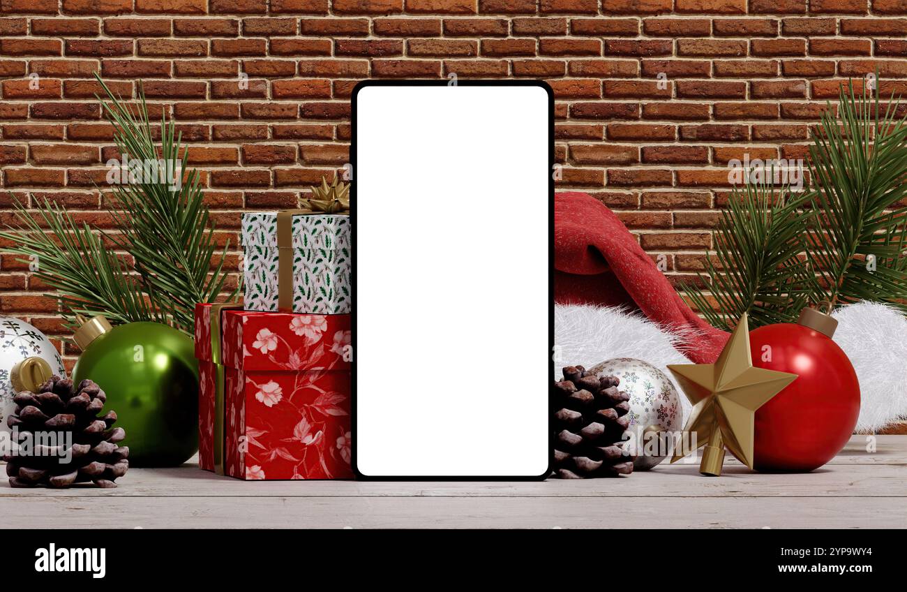 Christmas backdrop smartphone mockup with festive decor, 3D render ...