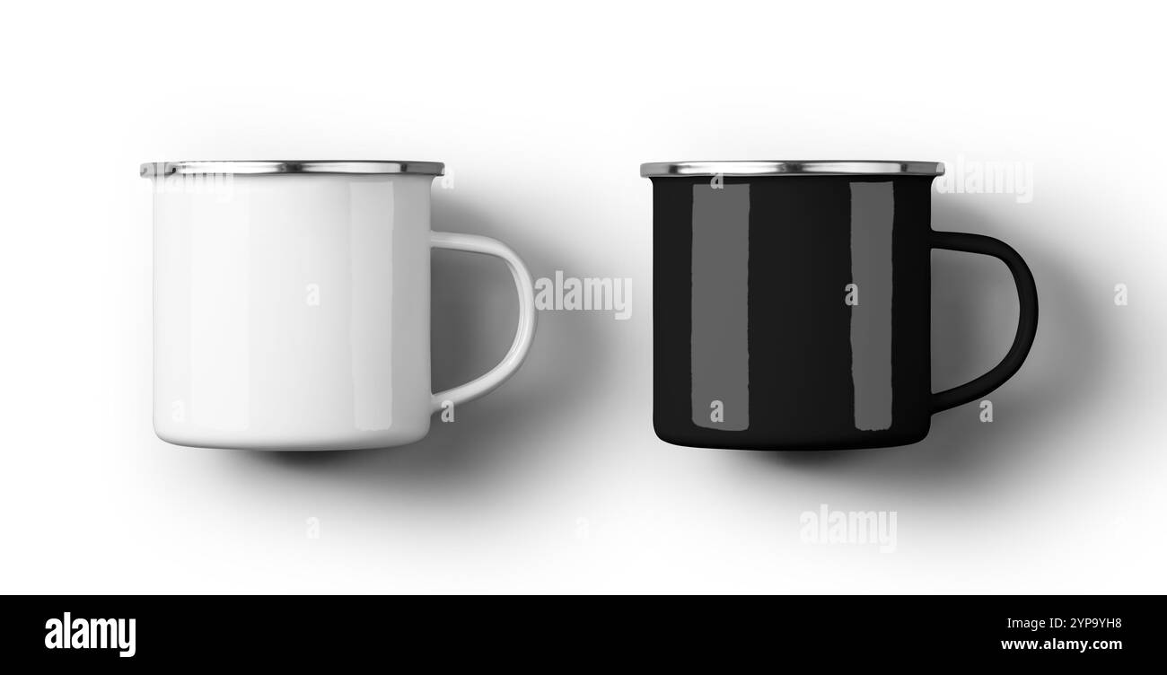 Mockup of white, black metal mug with silver rim, handle, lies on its ...