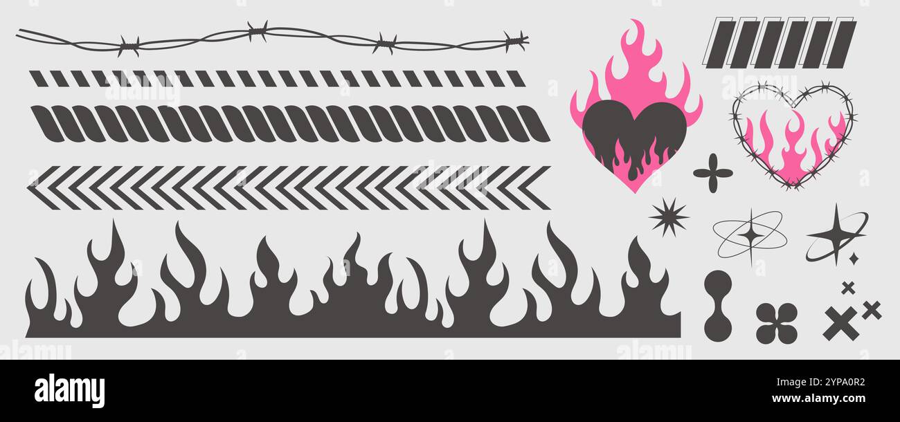 Y2k geometric elements border set, heart with flame, barbed wire, grid ...