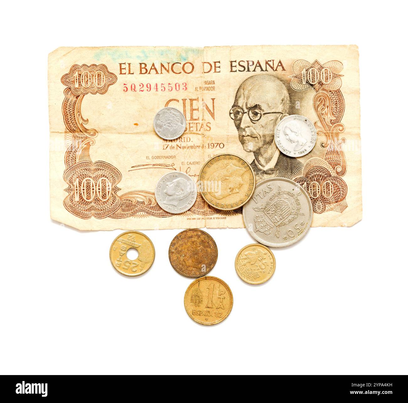 Out of circulation Spanish pesetas, isolated on white background Stock ...