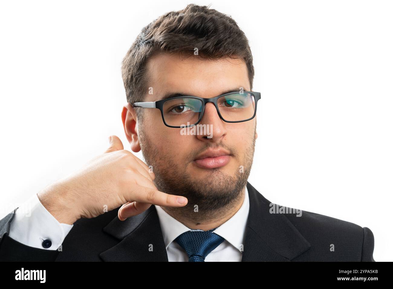 Close-up of adult male corporate consultant showing phone call gesture ...