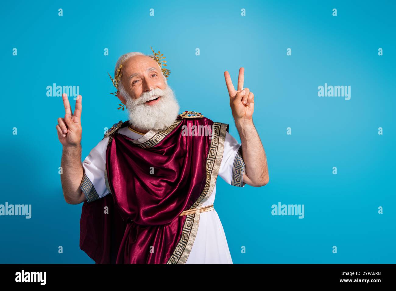 Photo of ancient old philosopher wearing noble clothes mantle showing v ...