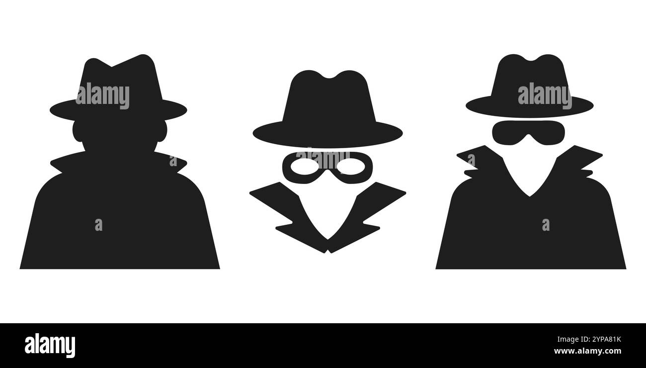 Incognito icon, mystery secret spy or detective silhouette, figure with hat glass or mask ...