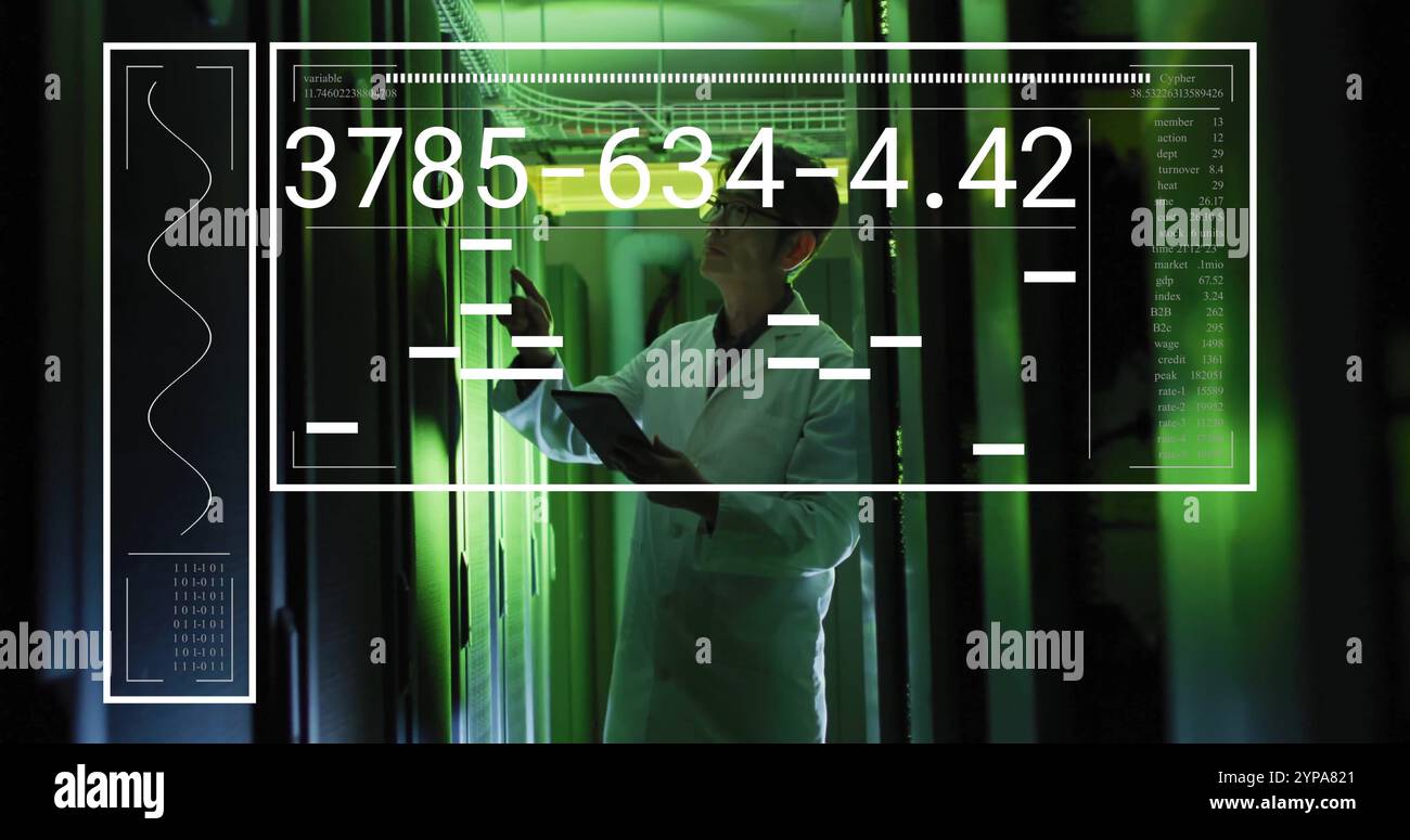 Image of science data processing over asian male worker in server room ...