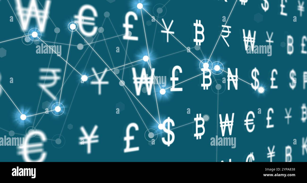 Image of network of connections over currency symbols Stock Photo - Alamy