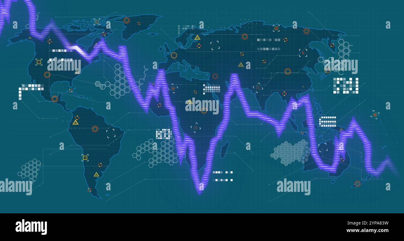 Image of neon diagrams and connections over world map Stock Photo - Alamy