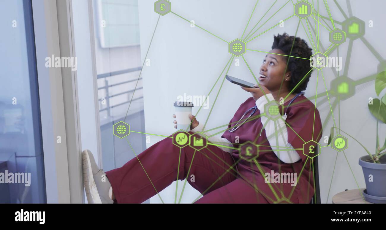 Image of network of connections with icons over african american female ...
