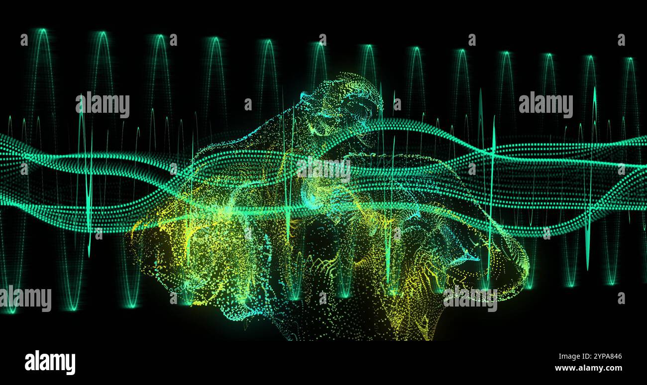 Image of light trails and data processing over black background Stock ...