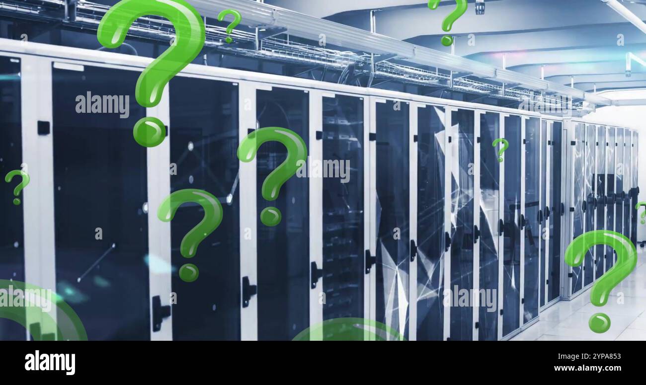 Image of green question marks and data processing over computer servers Stock Photo - Alamy