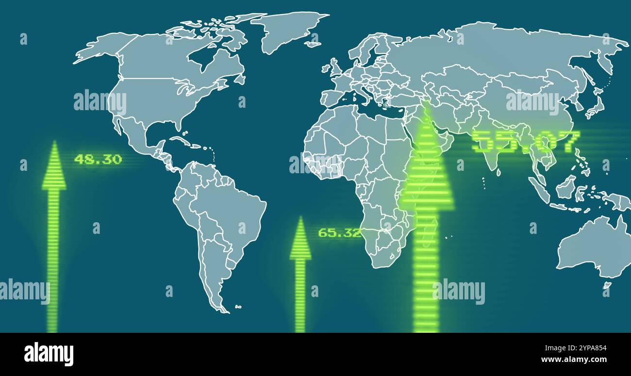 Image of arrows and data processing over world map Stock Photo - Alamy