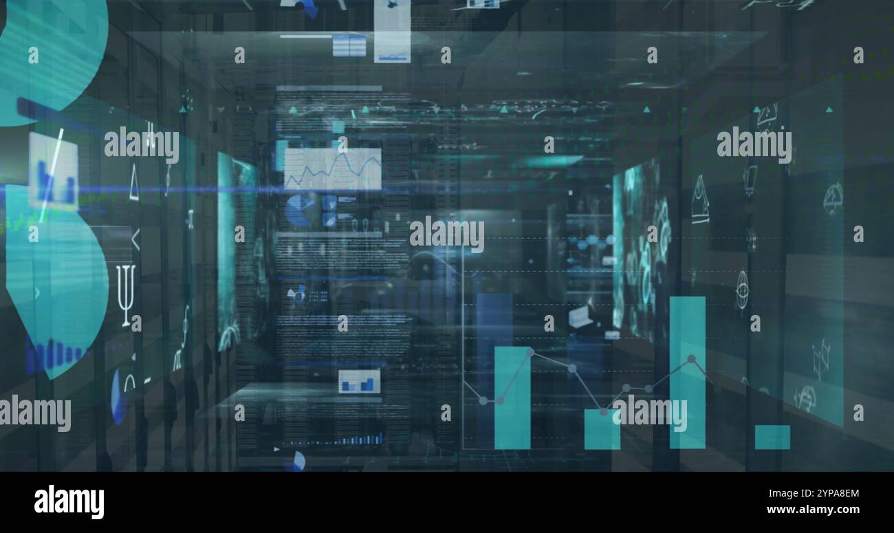 Image of data processing and diagrams over server room Stock Photo - Alamy