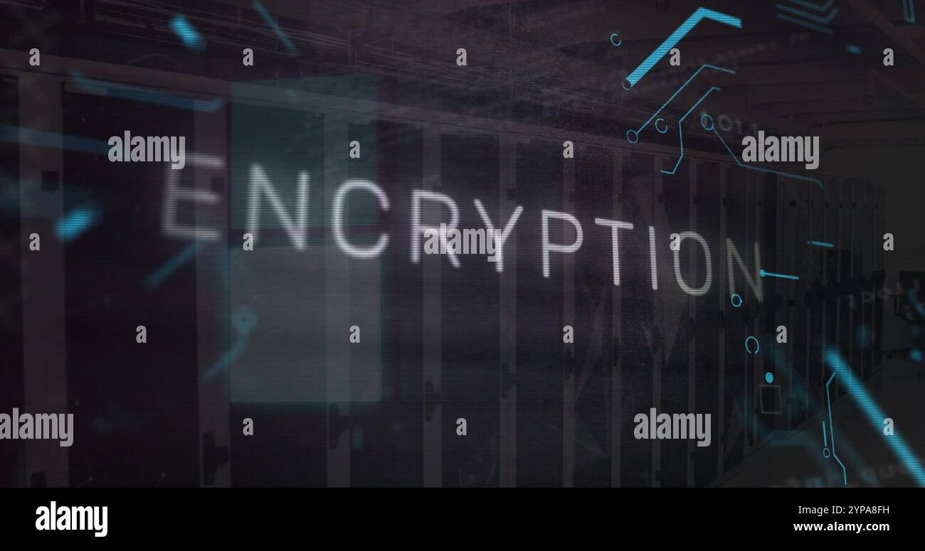 Image of network of connections and encryption text over server room Stock Photo - Alamy