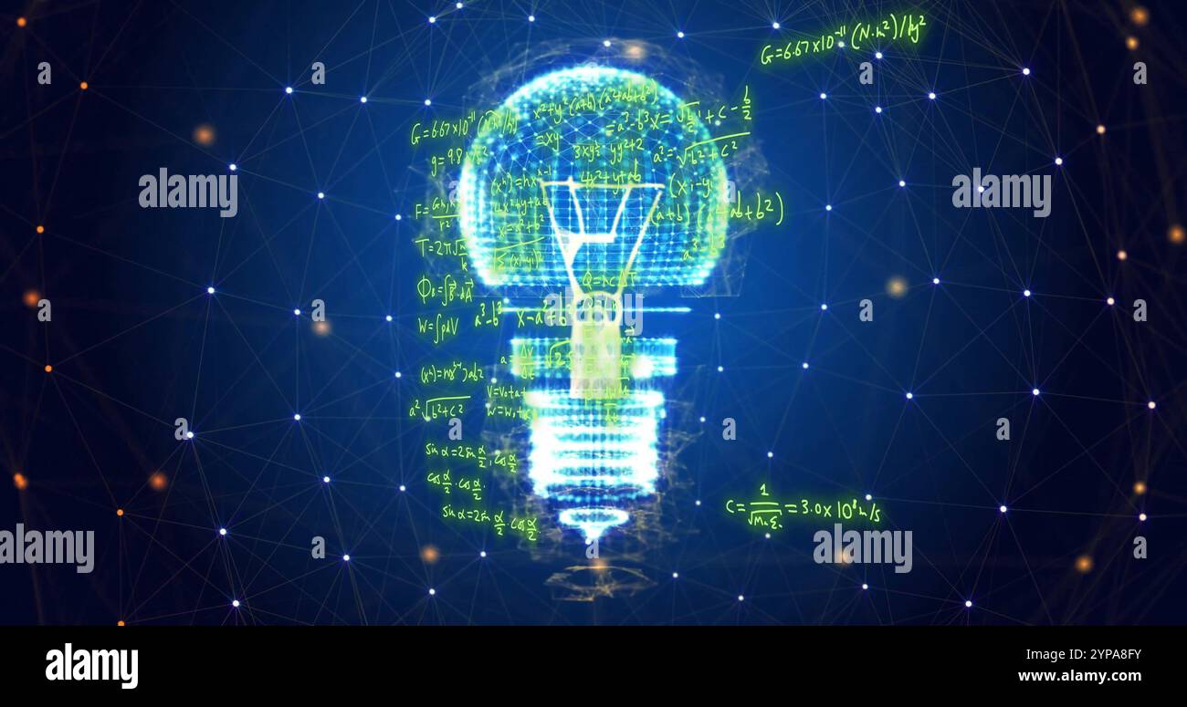 Image of mathematical equations over light bulb and network Stock Photo ...
