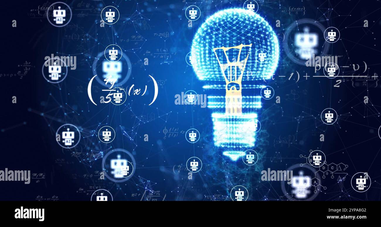 Image of chatbot icons, light bulb and networks over mathematical ...