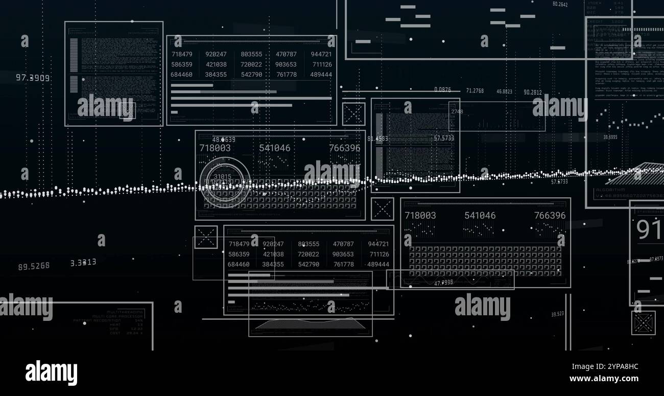 Image of data processing over diagrams on black background Stock Photo ...