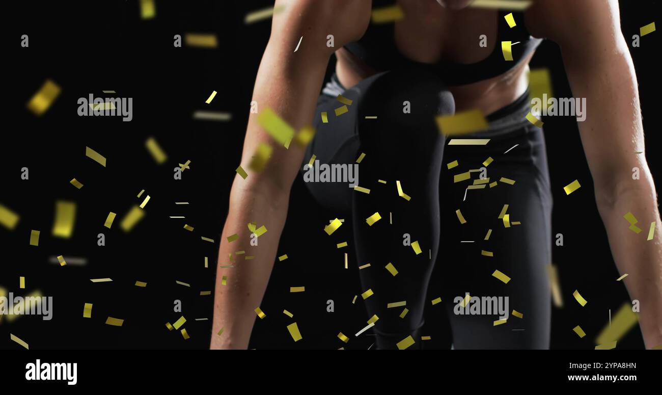 Image of confetti falling over caucasian female runner on black ...