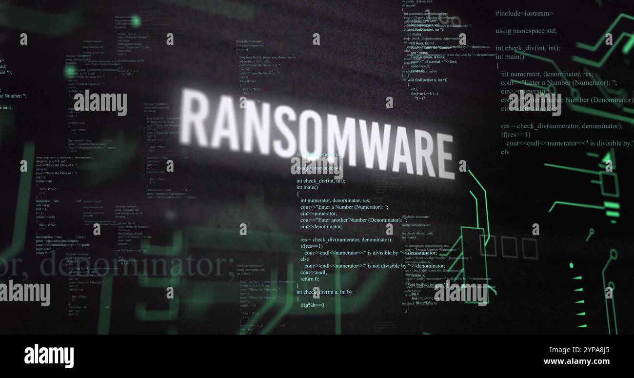Image Of Ransomware Text And Digital Data Processing Over Black