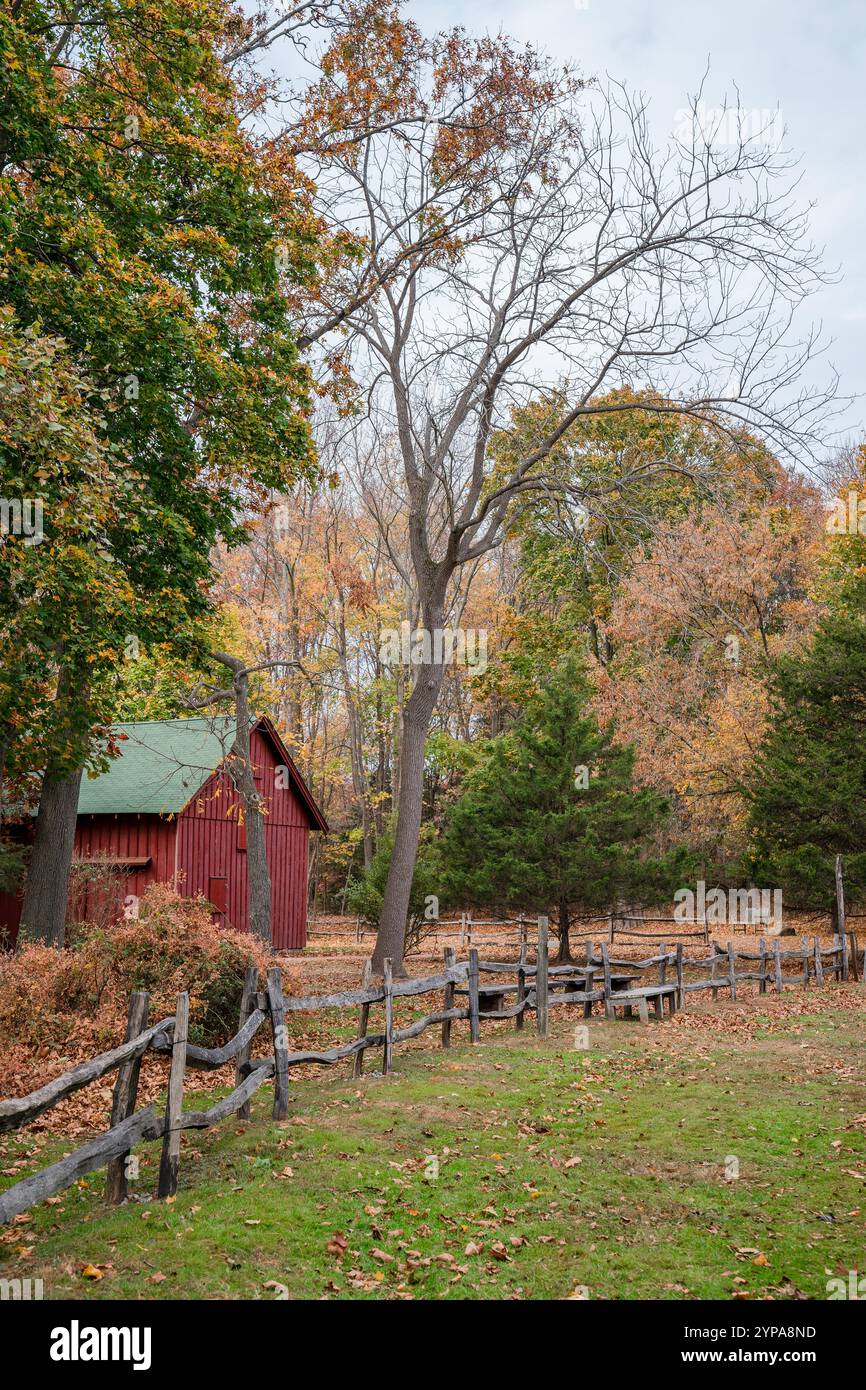 Red barn in the woods during the fall Stock Photo - Alamy