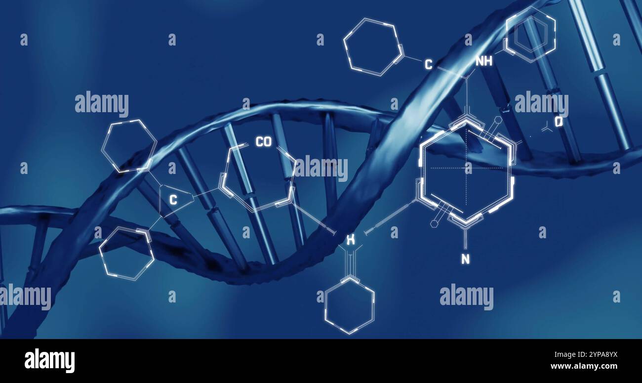 Image of scientific data processing over dna strand spinning Stock ...