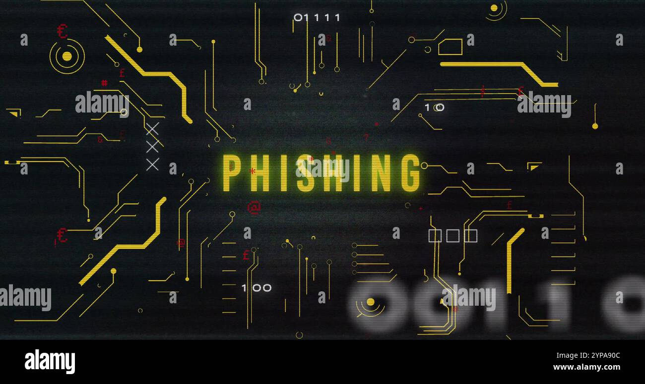 Image of phishing text and digital data processing over black ...