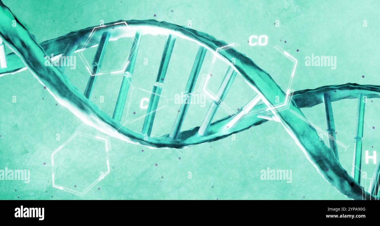 Image of scientific data processing over dna strand spinning Stock ...