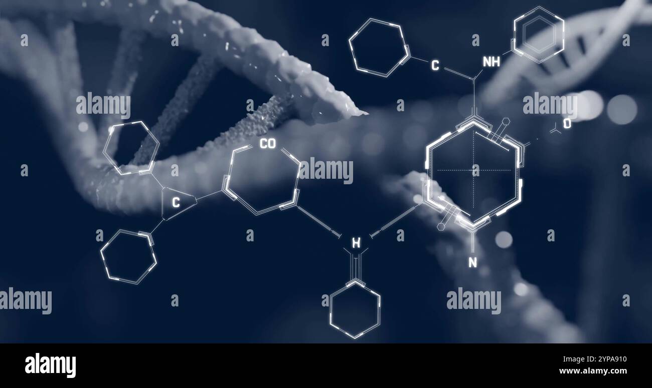 Image of scientific data processing over dna strand spinning Stock ...