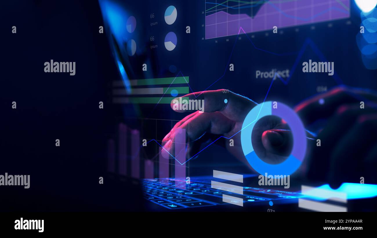 Hand interacting with holographic interface displaying charts and graphs, symbolizing modern ...
