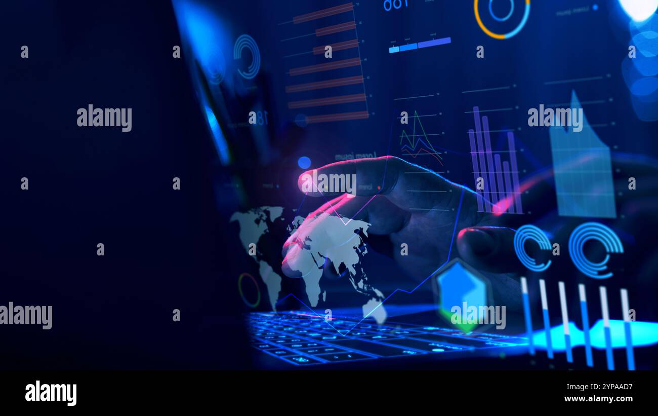 Conceptual display of global business analytics with interactive charts ...