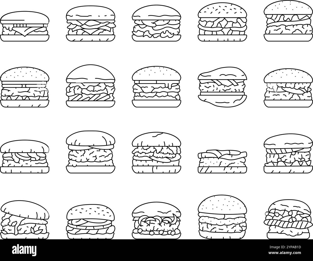 Bun bread burger hamburger icons set vector food sandwich Black and ...