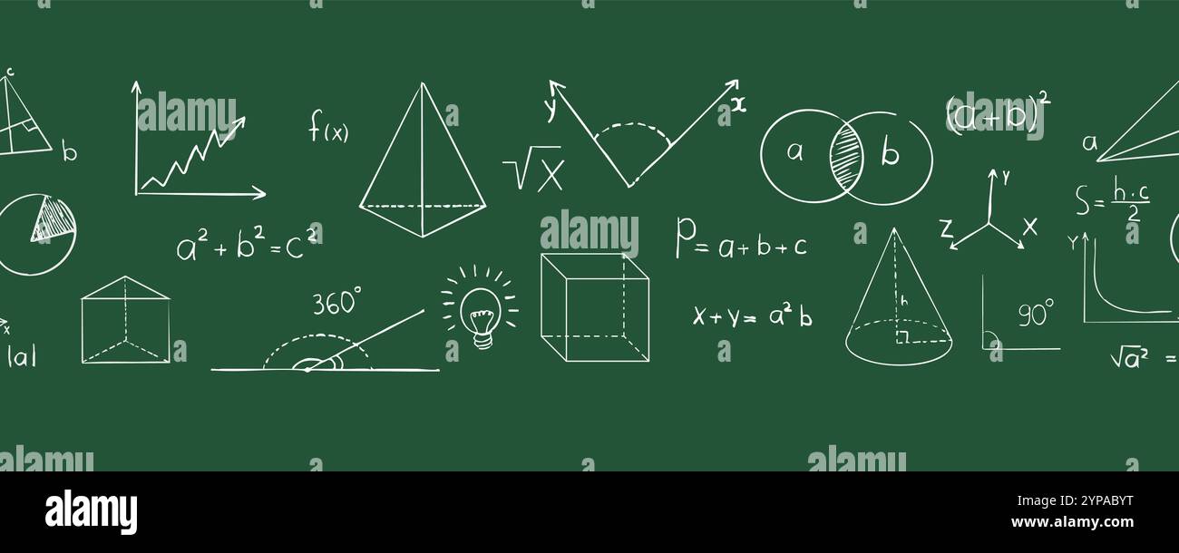 Math doodle hand drawn border, with formula, geometric shapes, chalk texture. School science ...