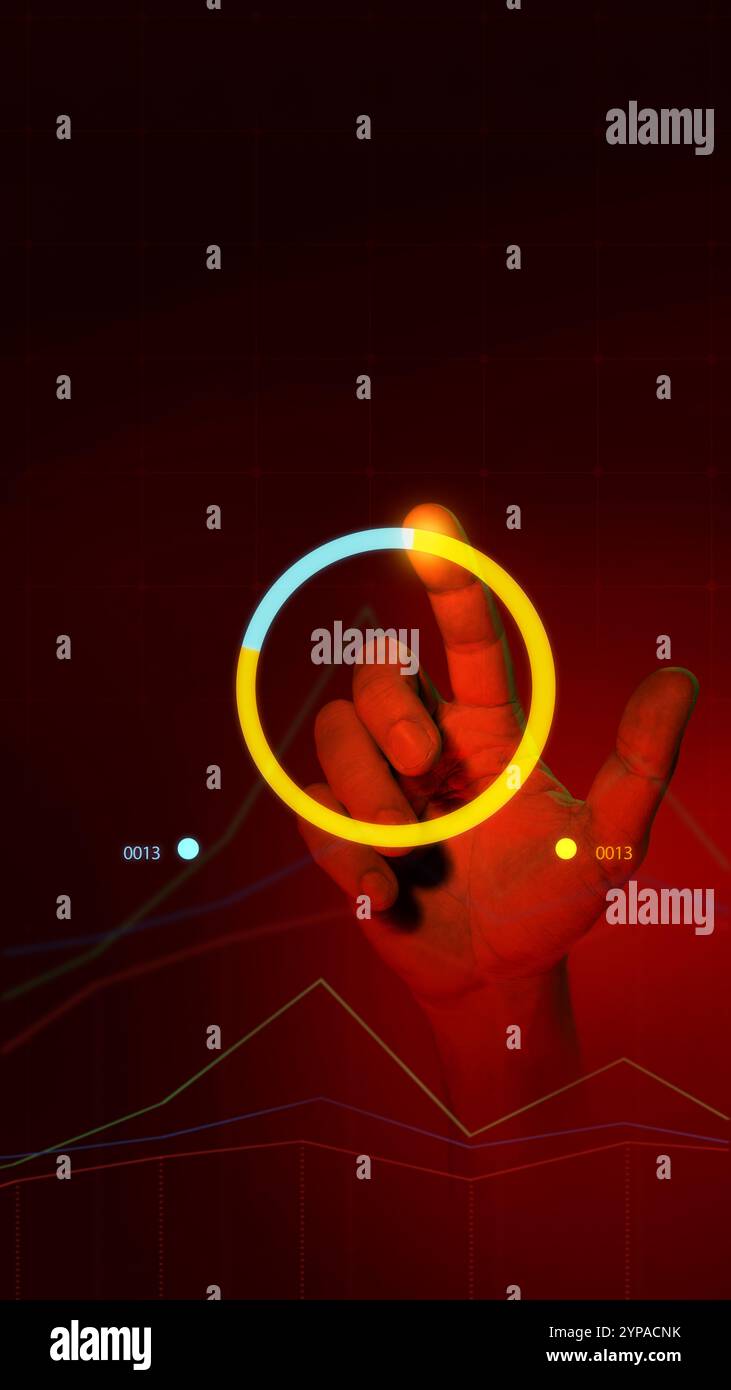 Hand interacting with glowing circular chart on red digital interface ...