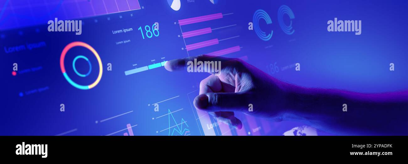 Hand interacting with comprehensive business dashboard displaying various data insights and ...