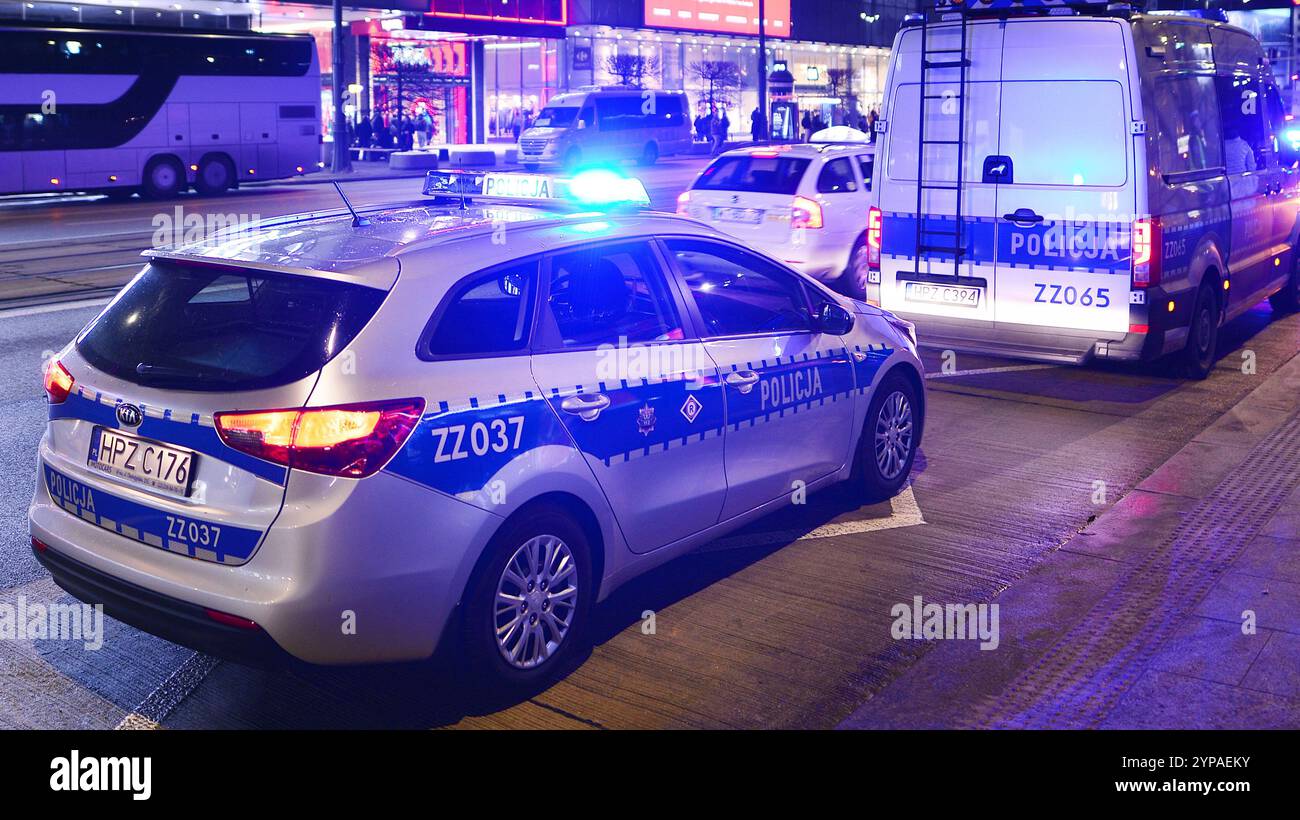 Warsaw, Poland. 22 November 2024. Police car on patrol with blue lights ...