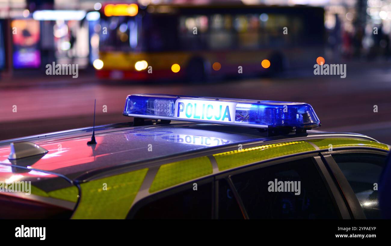 Warsaw, Poland. 22 November 2024. Police car on patrol with blue lights ...