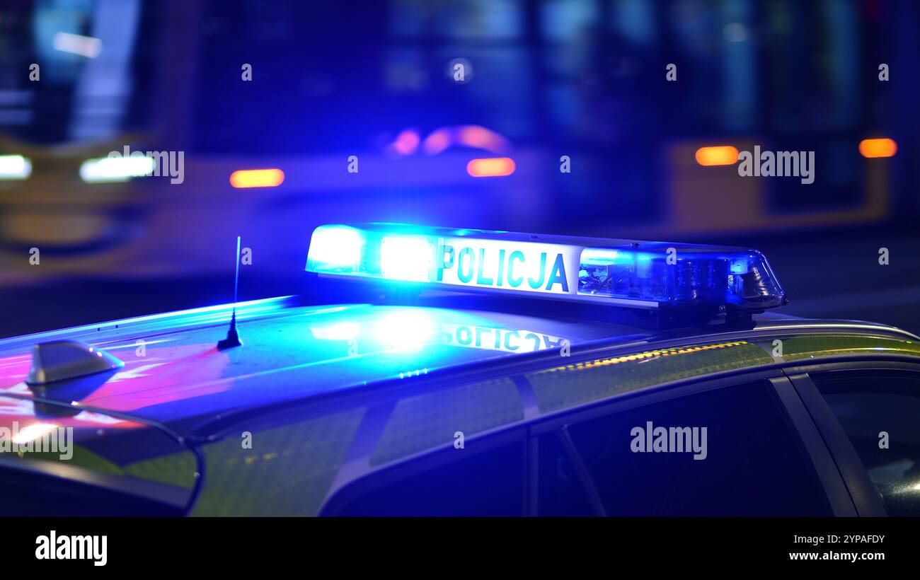 Warsaw, Poland. 22 November 2024. Police car on patrol with blue lights ...