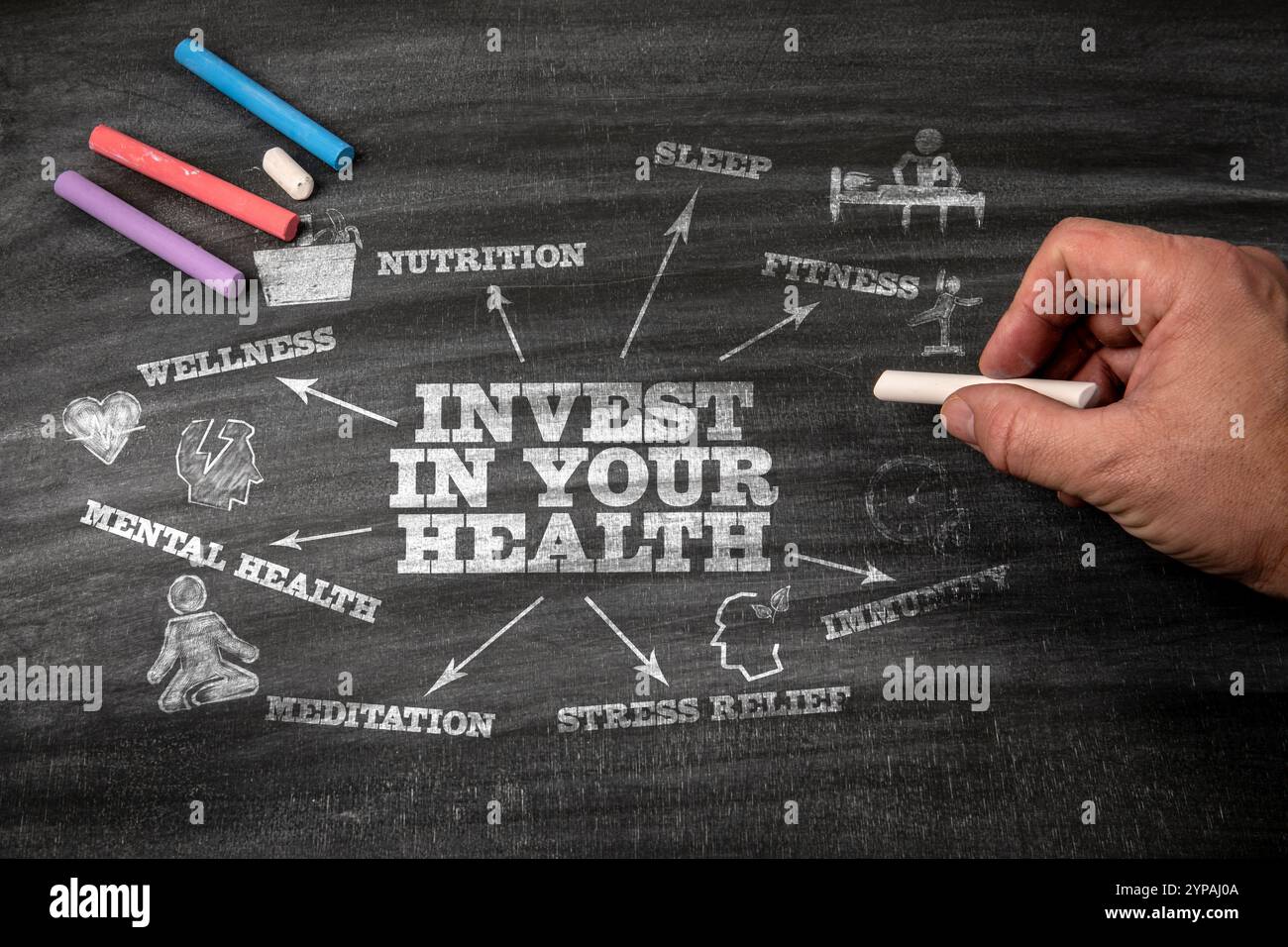 Invest in your health Concept. Black scratched textured chalkboard ...