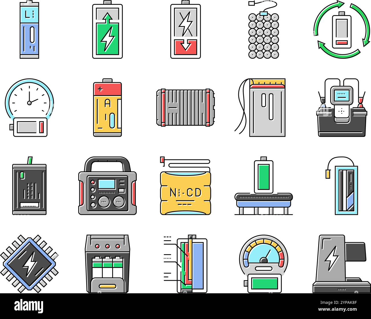 battery technology power electric icons set vector Stock Vector Image ...