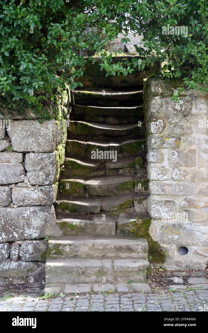 worn old stone staircase, France, Brittany, Finistere, Locronan Stock ...
