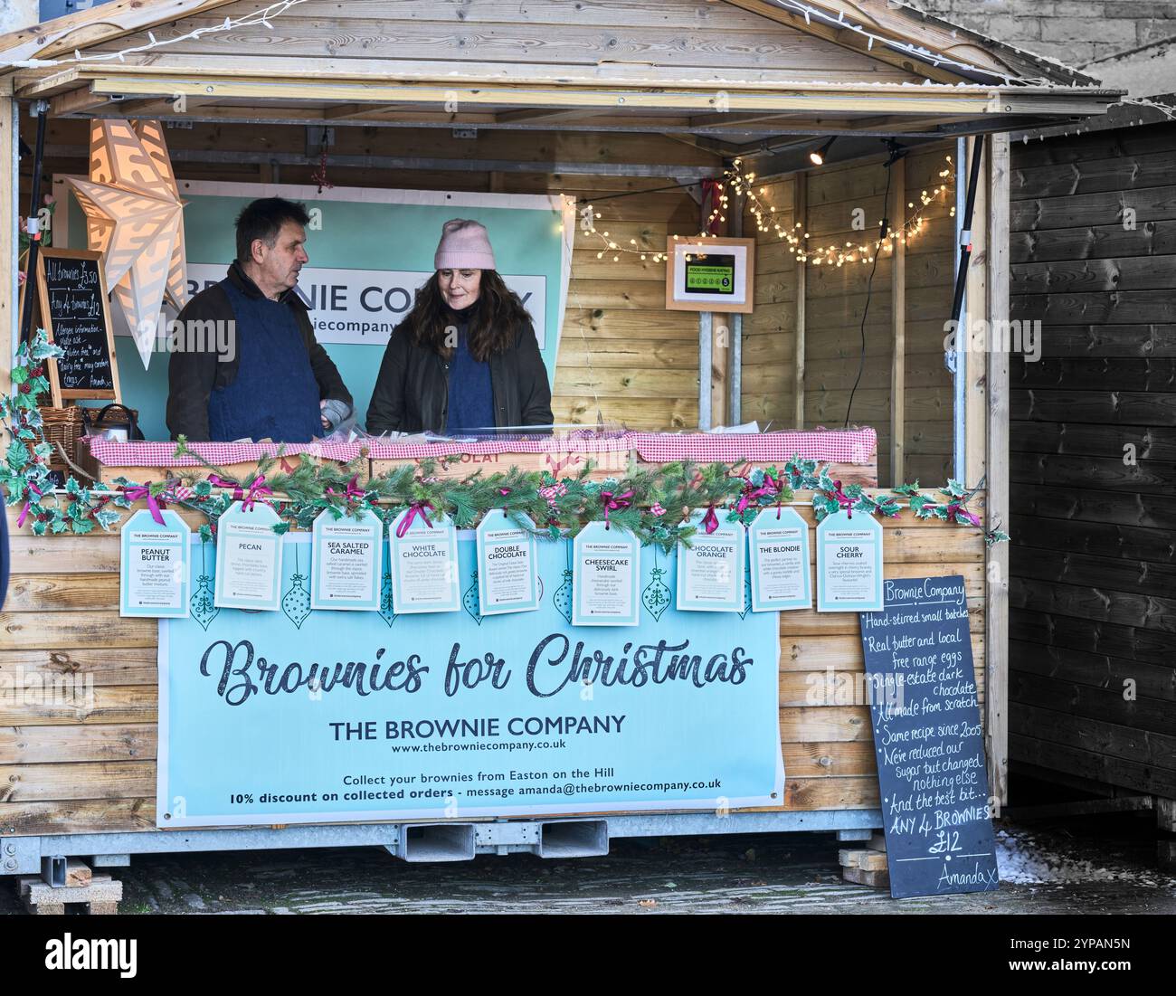Festive food stall at the christmas fair, Burghley House, Stamford ...