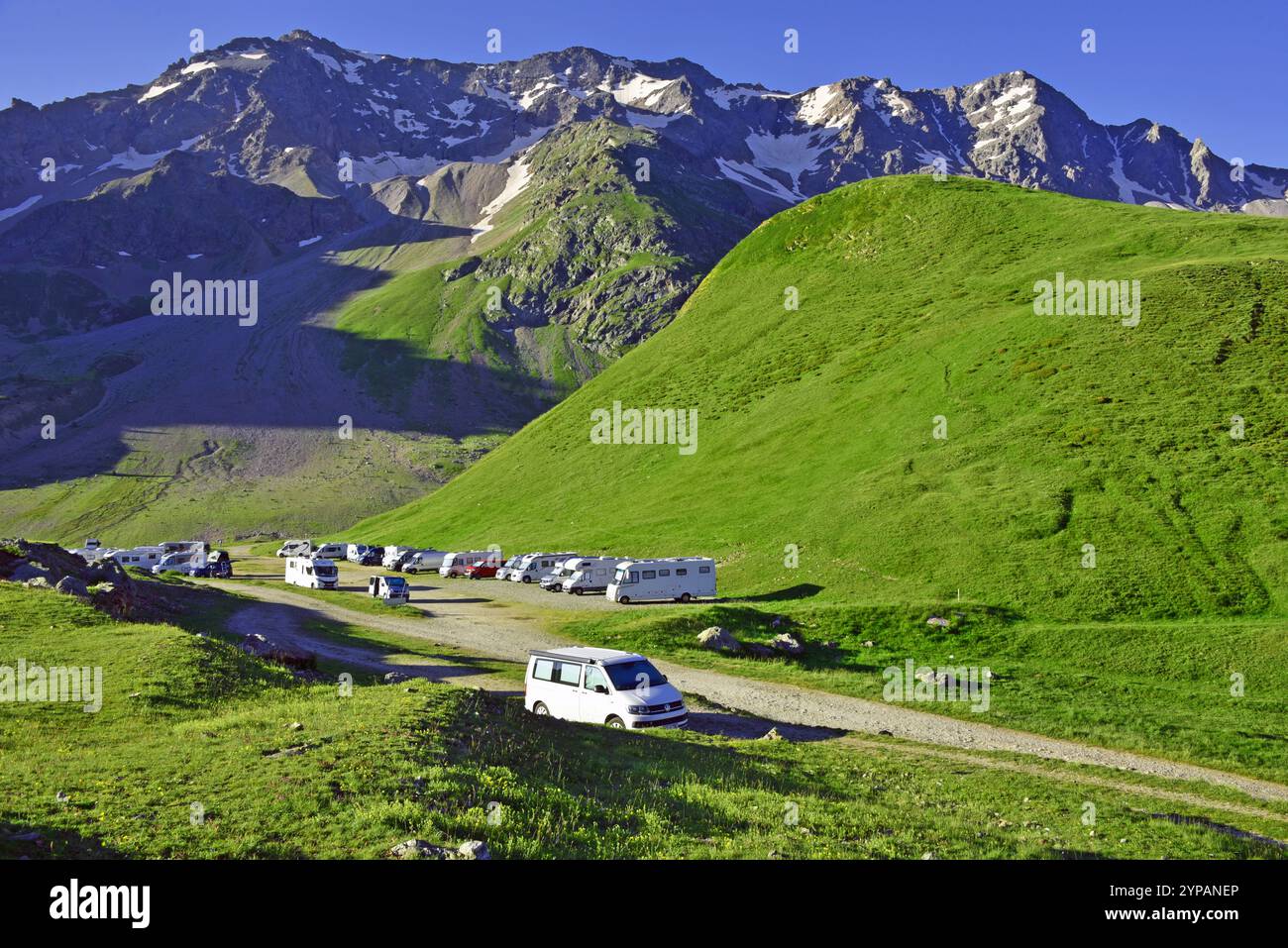 Motorhomes in a car park at the Col du Lautaret, France, Hautes Alpes ...