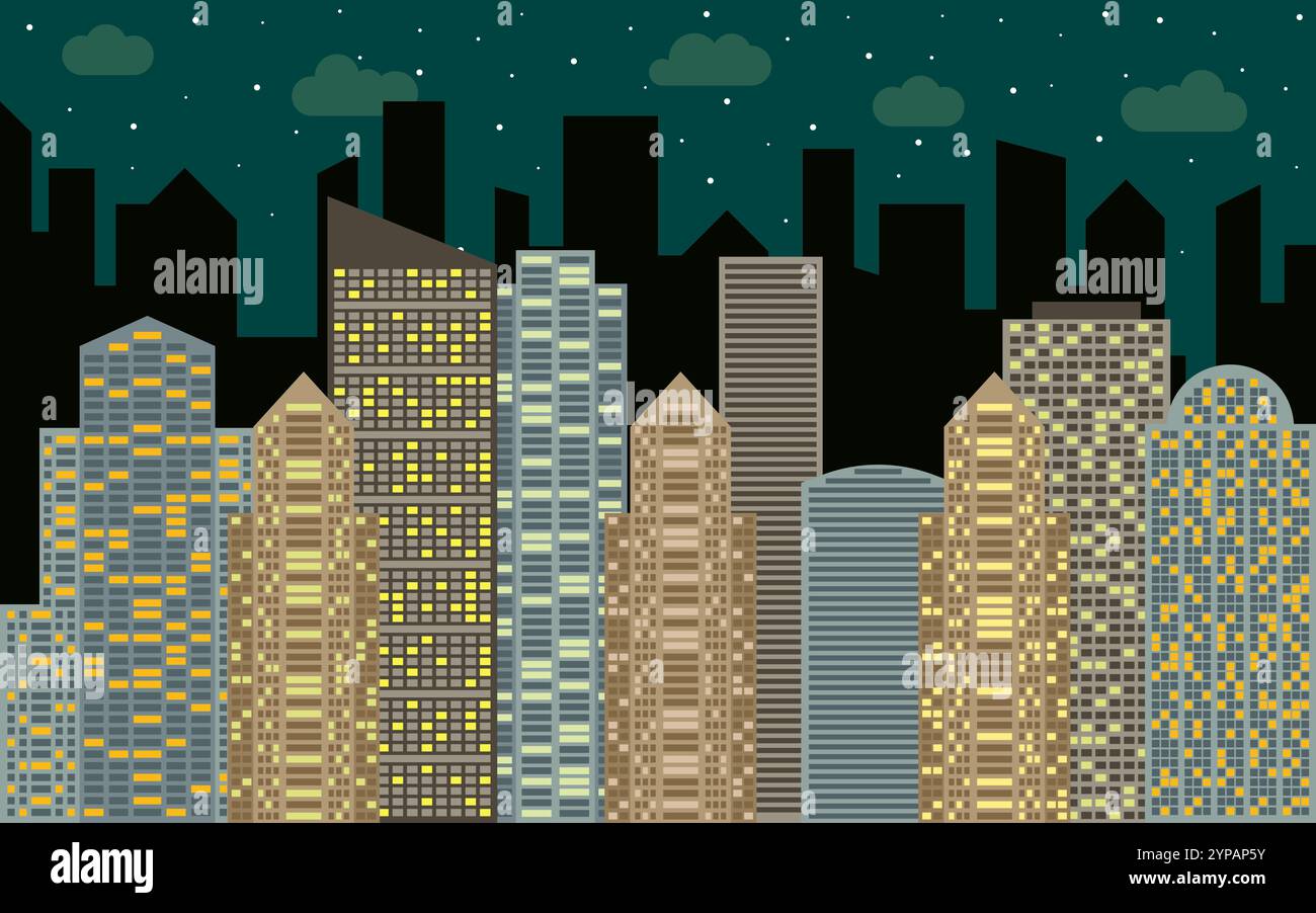 Night urban landscape. Street view with cityscape, skyscrapers and ...