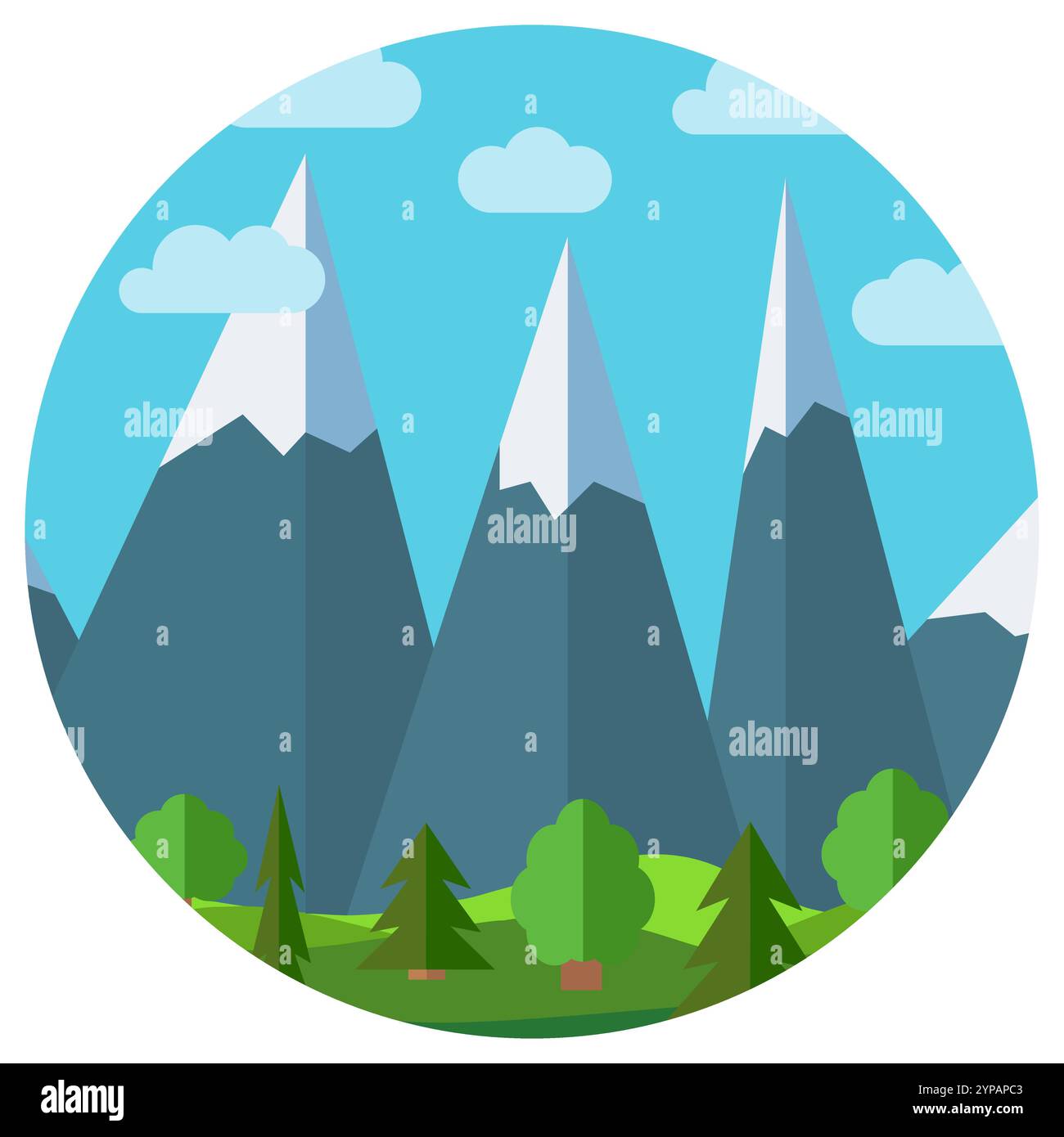 Vector cartoon mountain landscape in circle. Natural landscape in the ...