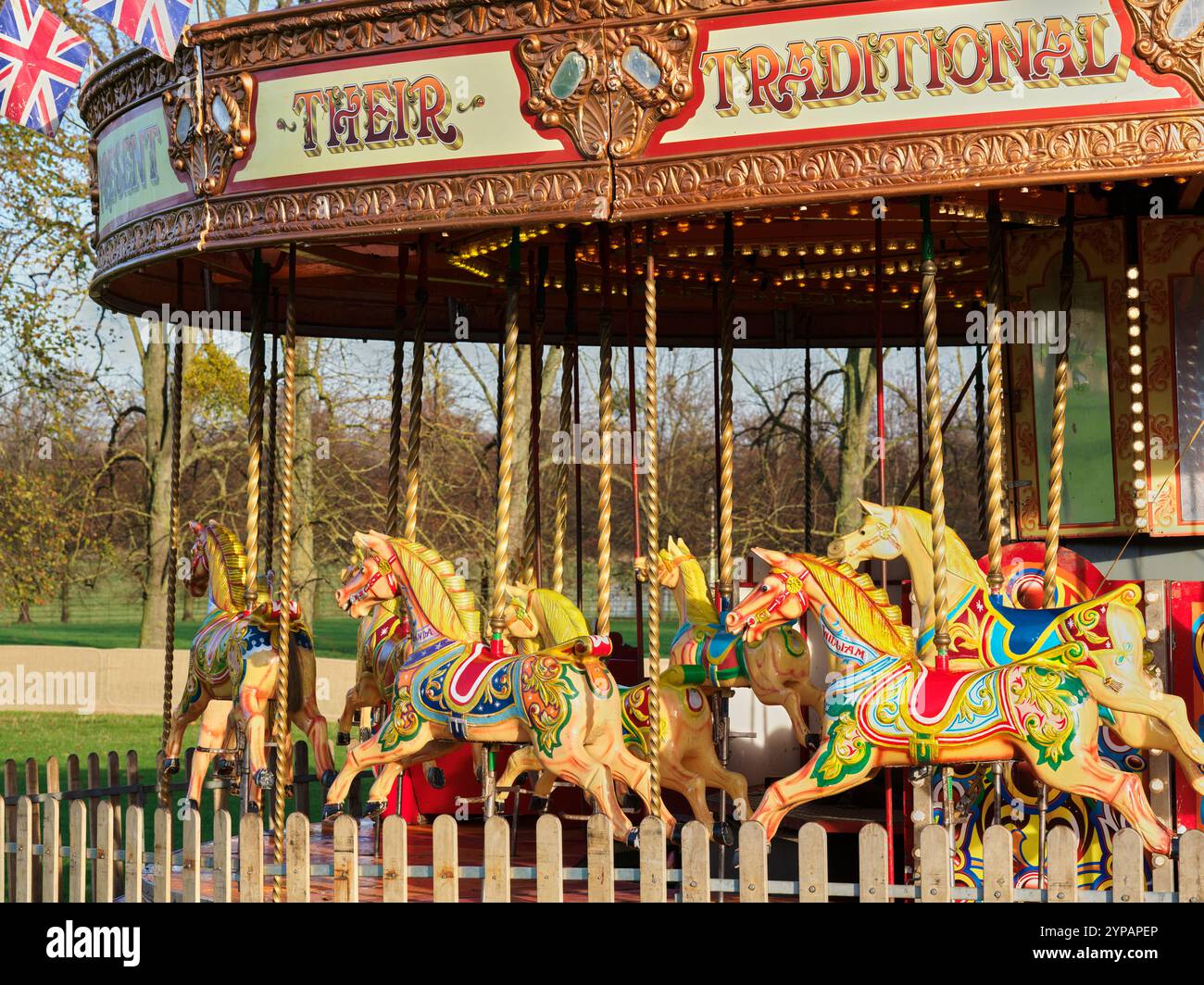 Carousel at the christmas fair, Burghley House, Stamford, England ...