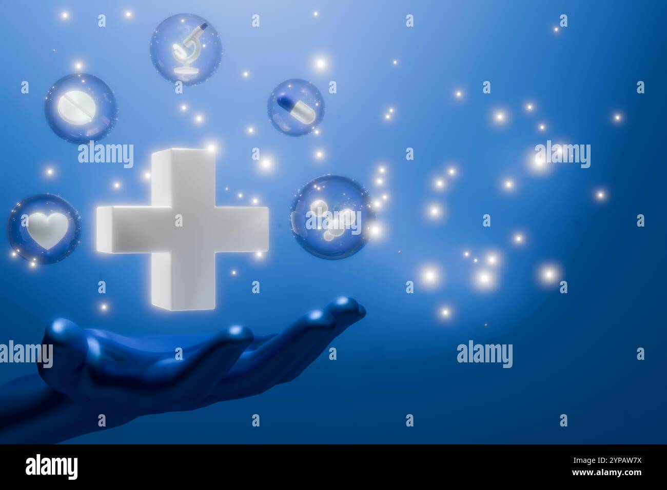 A hand holds a plus sign surrounded by health symbols, representing ...