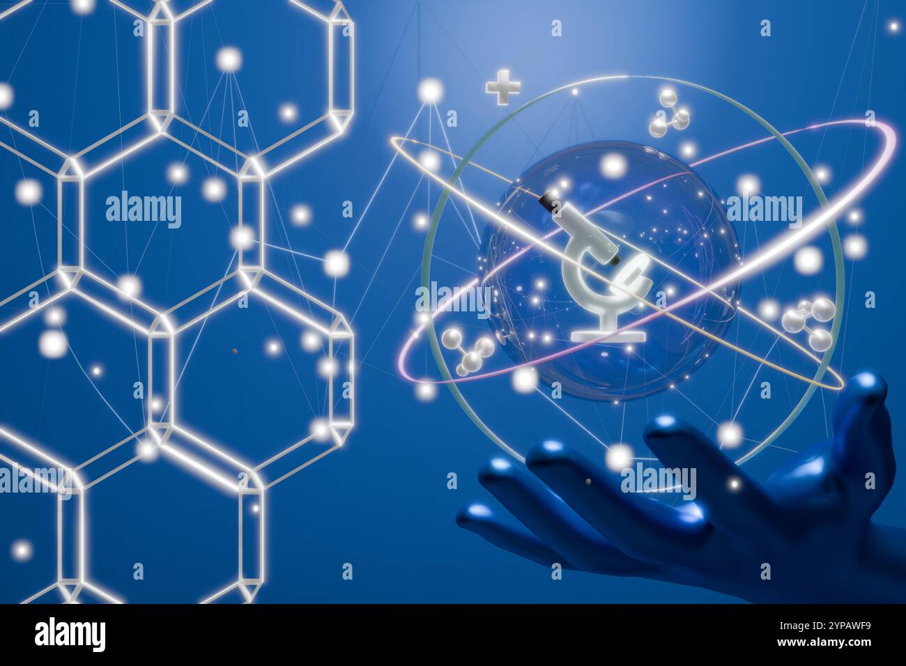 A hand holds a globe with scientific elements, symbolizing innovation and discovery in science ...