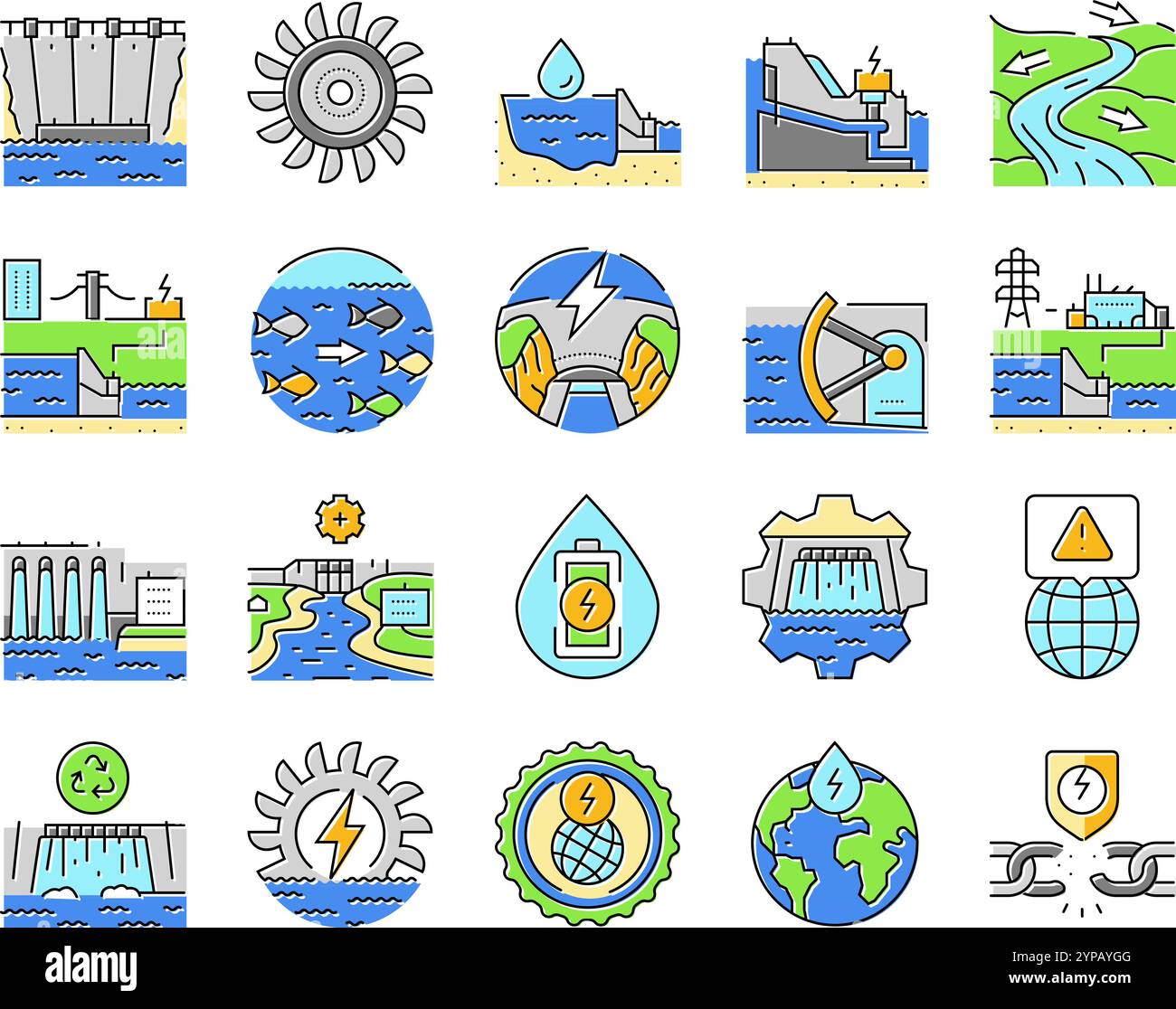 hydroelectric power plant energy icons set vector Stock Vector Image ...