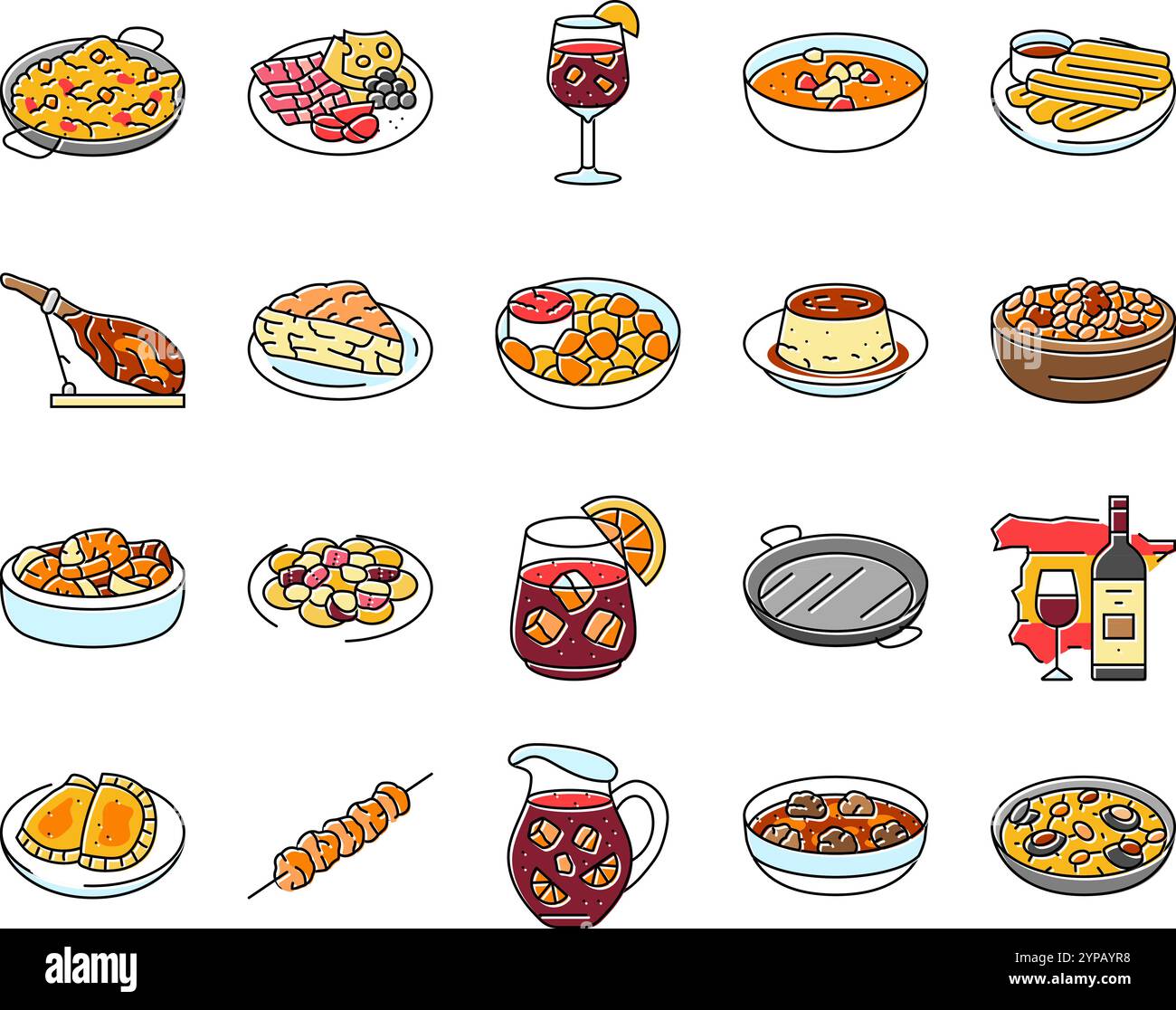 spanish cuisine food paella tapas icons set vector Stock Vector Image ...