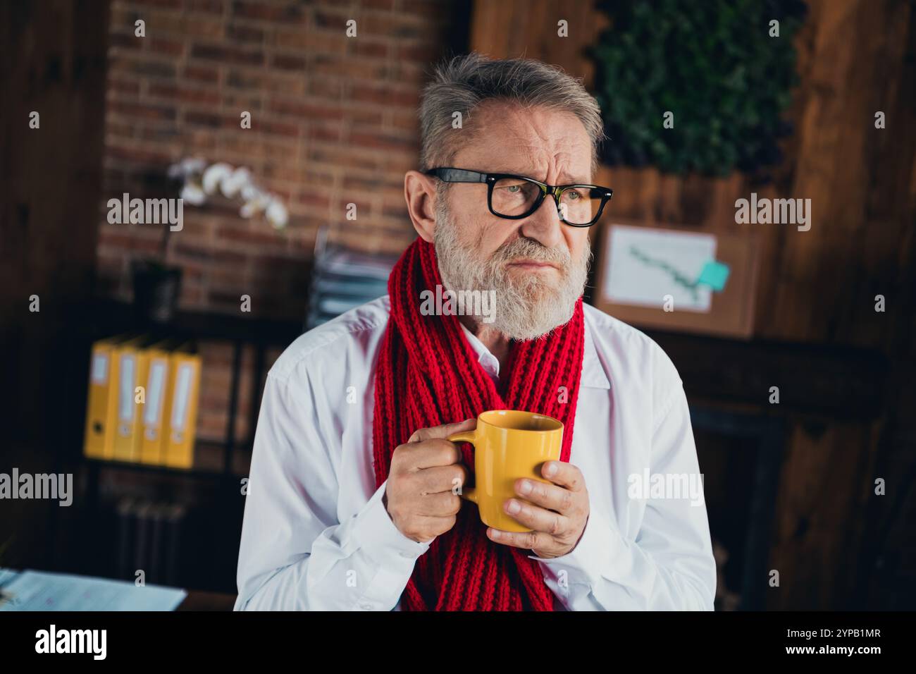 Photo of handsome mature man drink tea cold wear white shirt formalwear ...