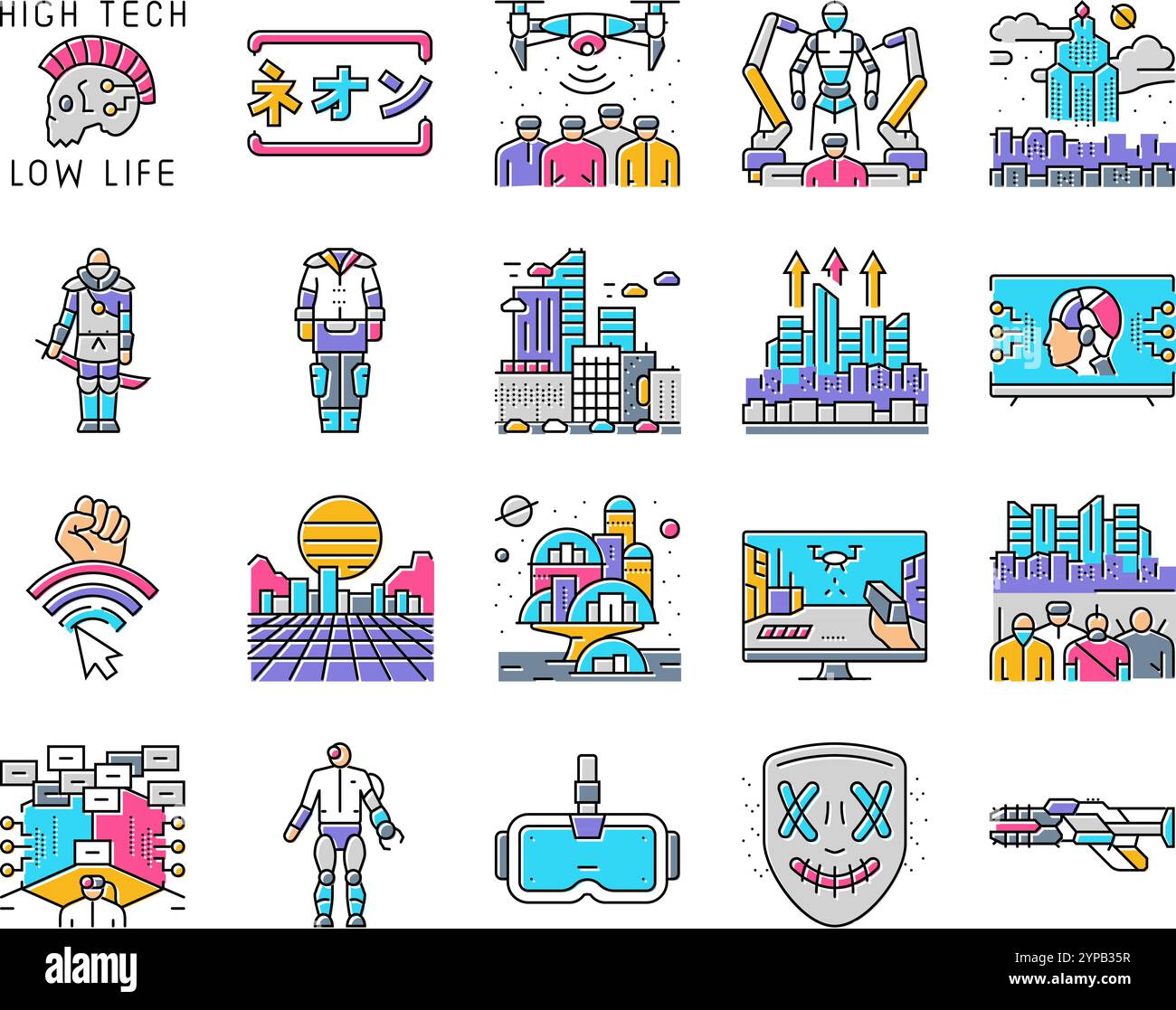 cyberpunk digital city future icons set vector Stock Vector Image & Art ...